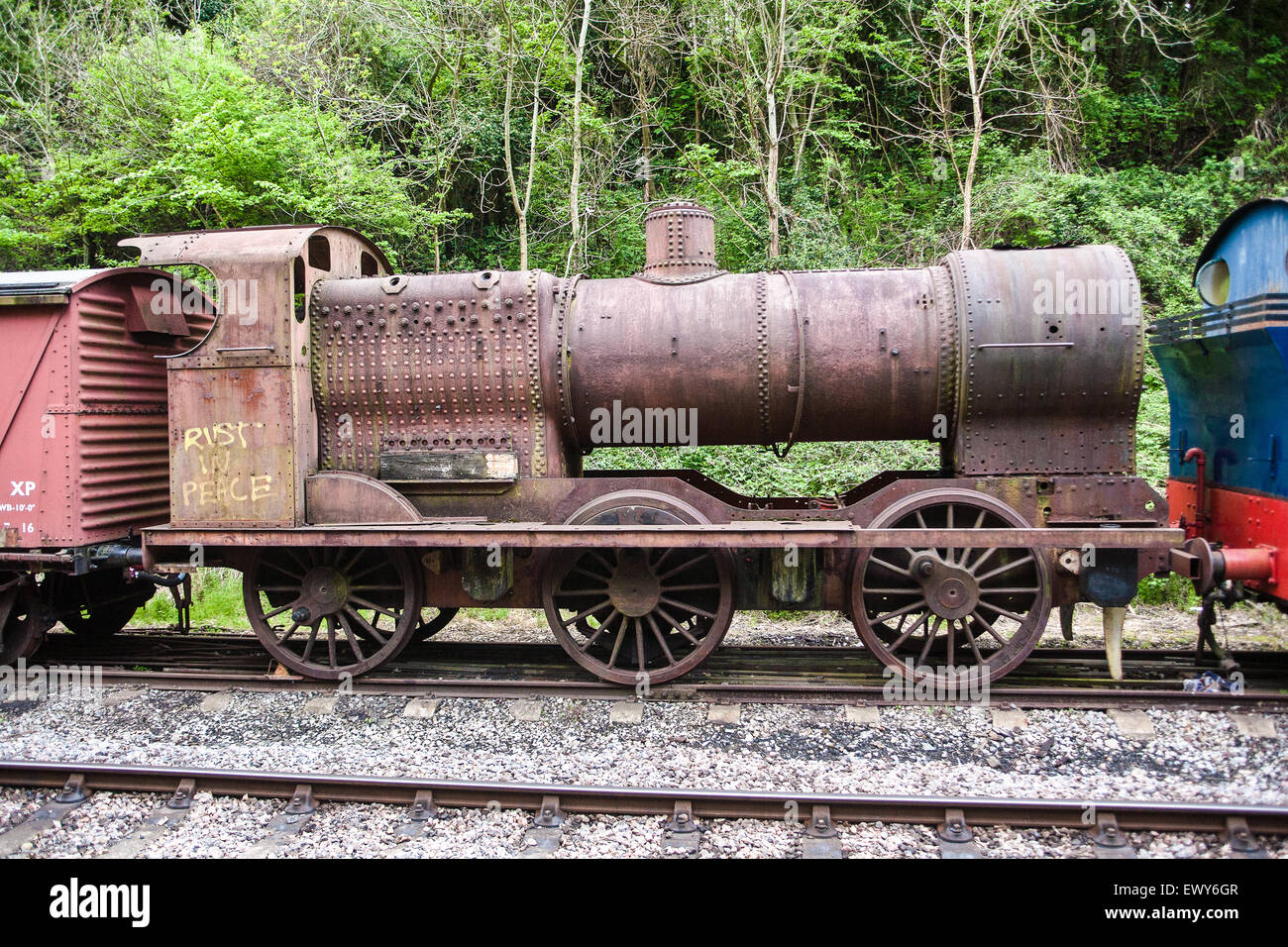 "Rust in Peace" graffiti painted on this old steam engine. Located on ...