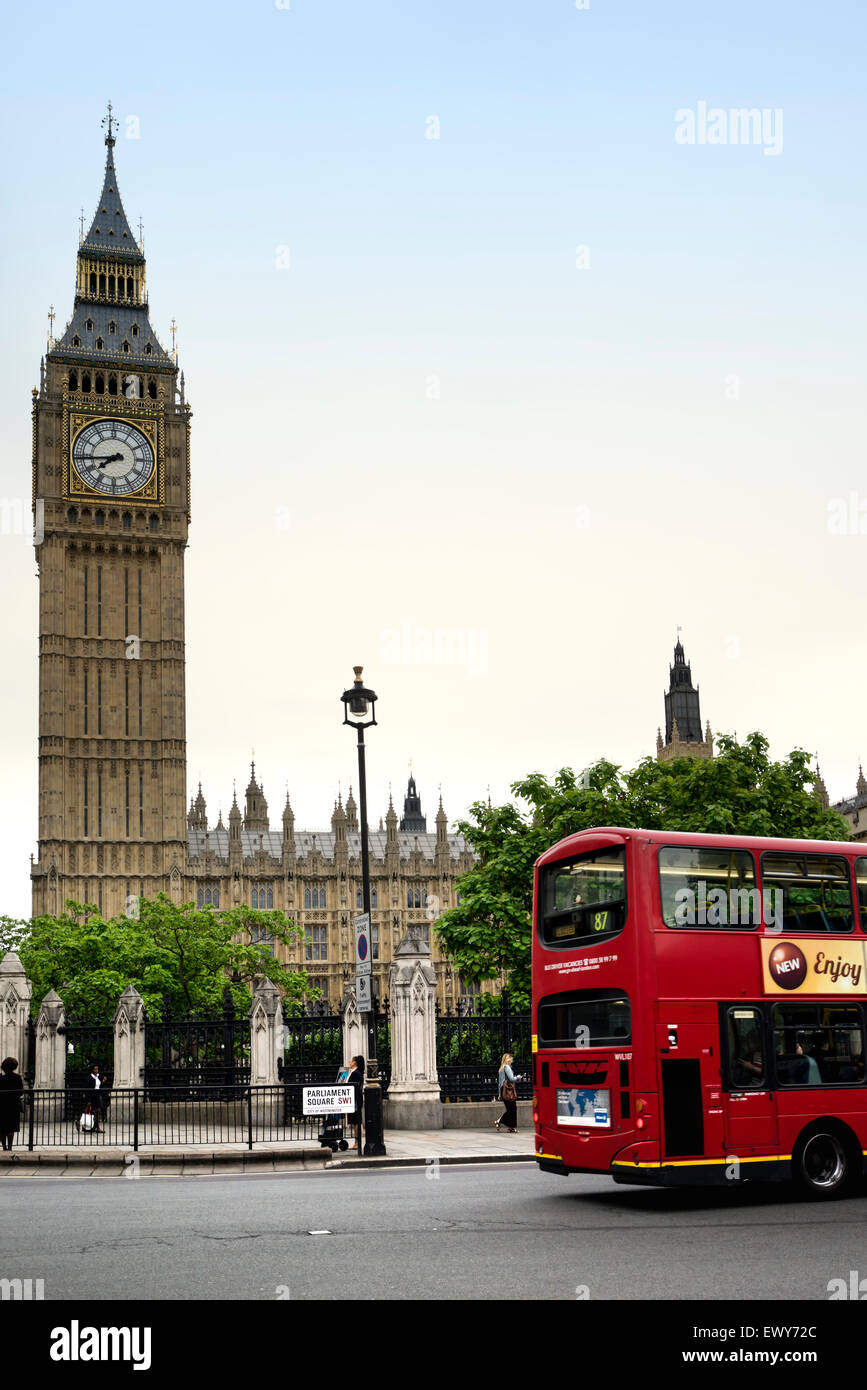 A red bus Big Ben Parliament Square London Westminster England UK Stock ...