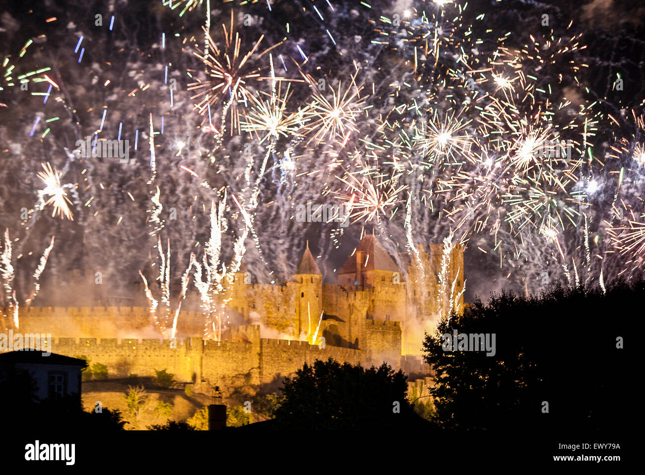 Castle fortress ramparts view at night during July 14th Bastille Day ...
