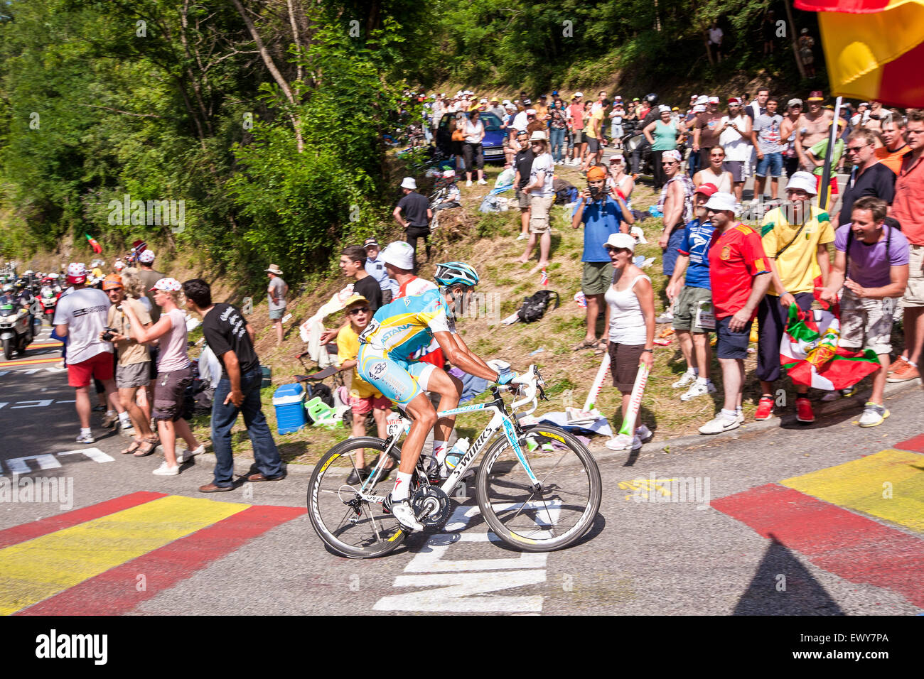 Cyclist riding up the steep,hill, mountain to Plateau de Beille, 1,780 ...