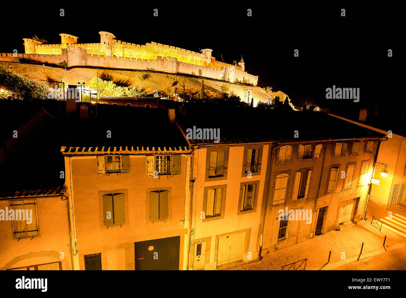 Castle fortress ramparts view at night from balcony of Les Florentines ...