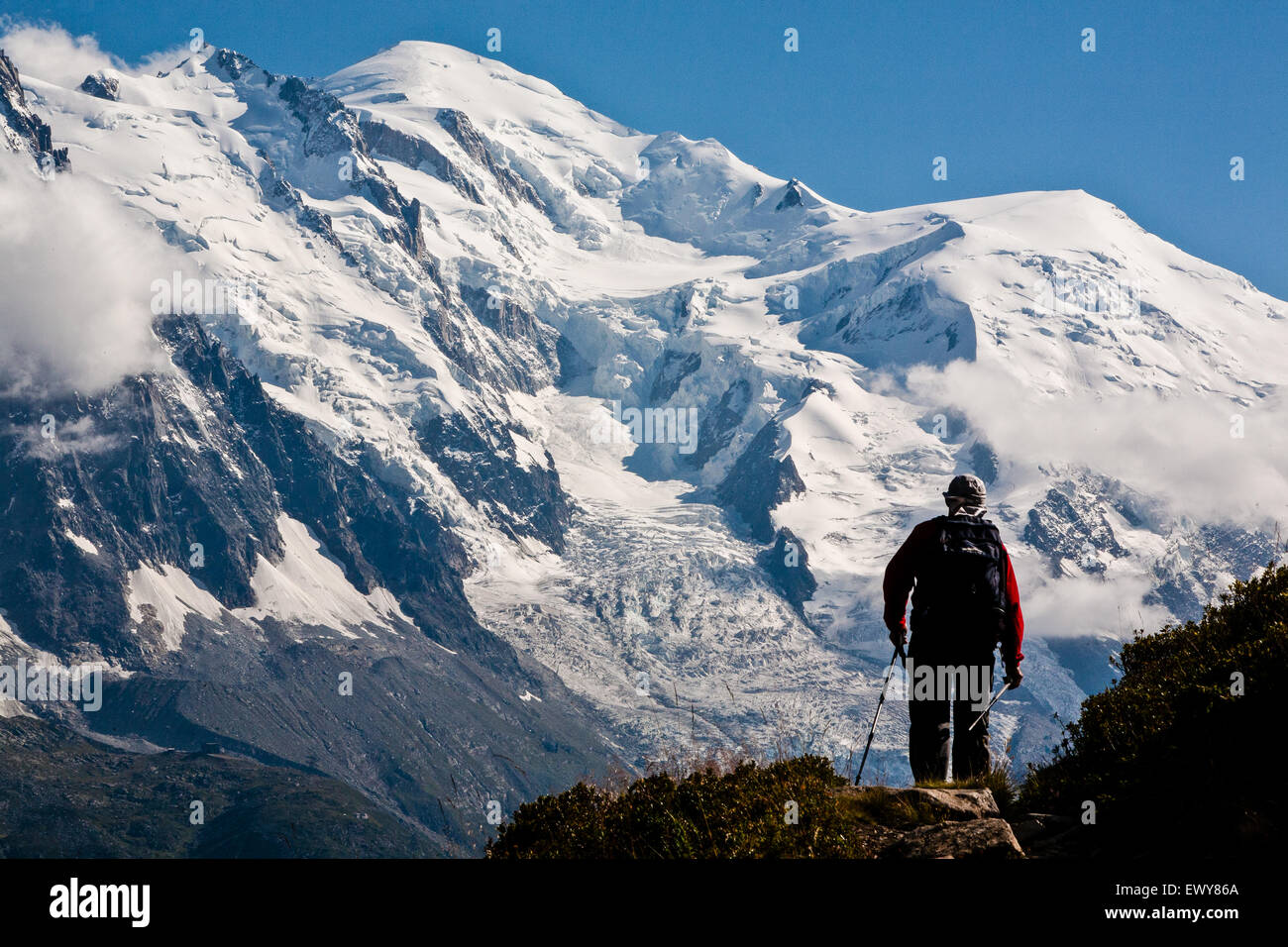 France mont blanc massif range mountain in background august hiker hi ...