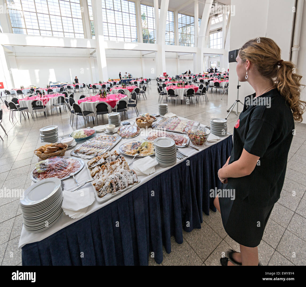 Waitress at buffet table preparing for conference dinner, Brno, Czech ...