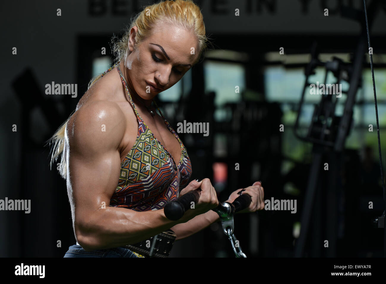 Female Bodybuilder Doing Heavy Weight Exercise For Biceps Stock Photo ...
