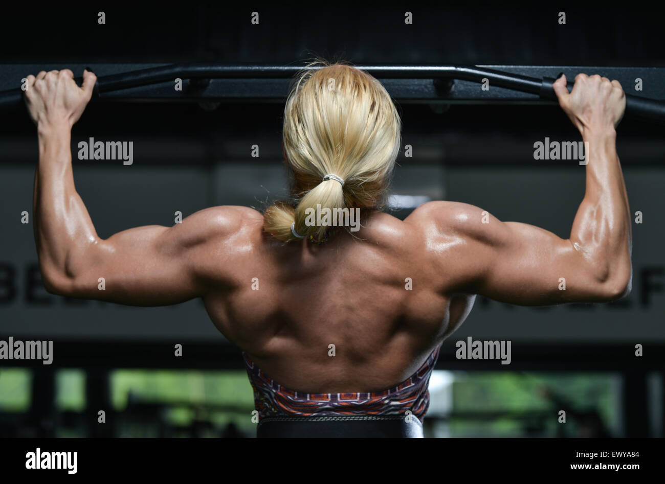 Female Bodybuilder Doing Heavy Weight Exercise For Back In Gym Stock ...