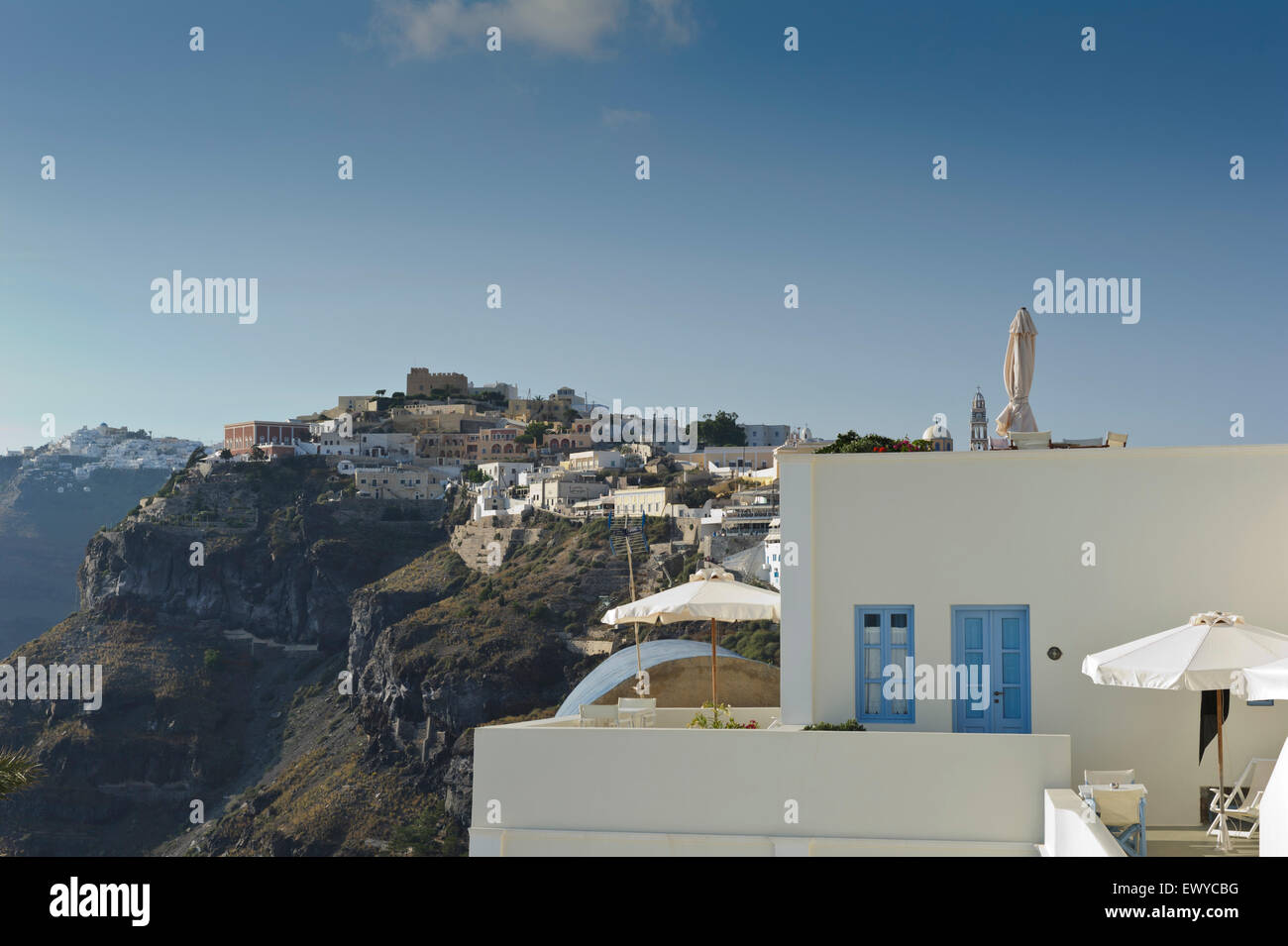 A panoramic view on the Caldera of Fira, Santorini, Greece Stock Photo ...
