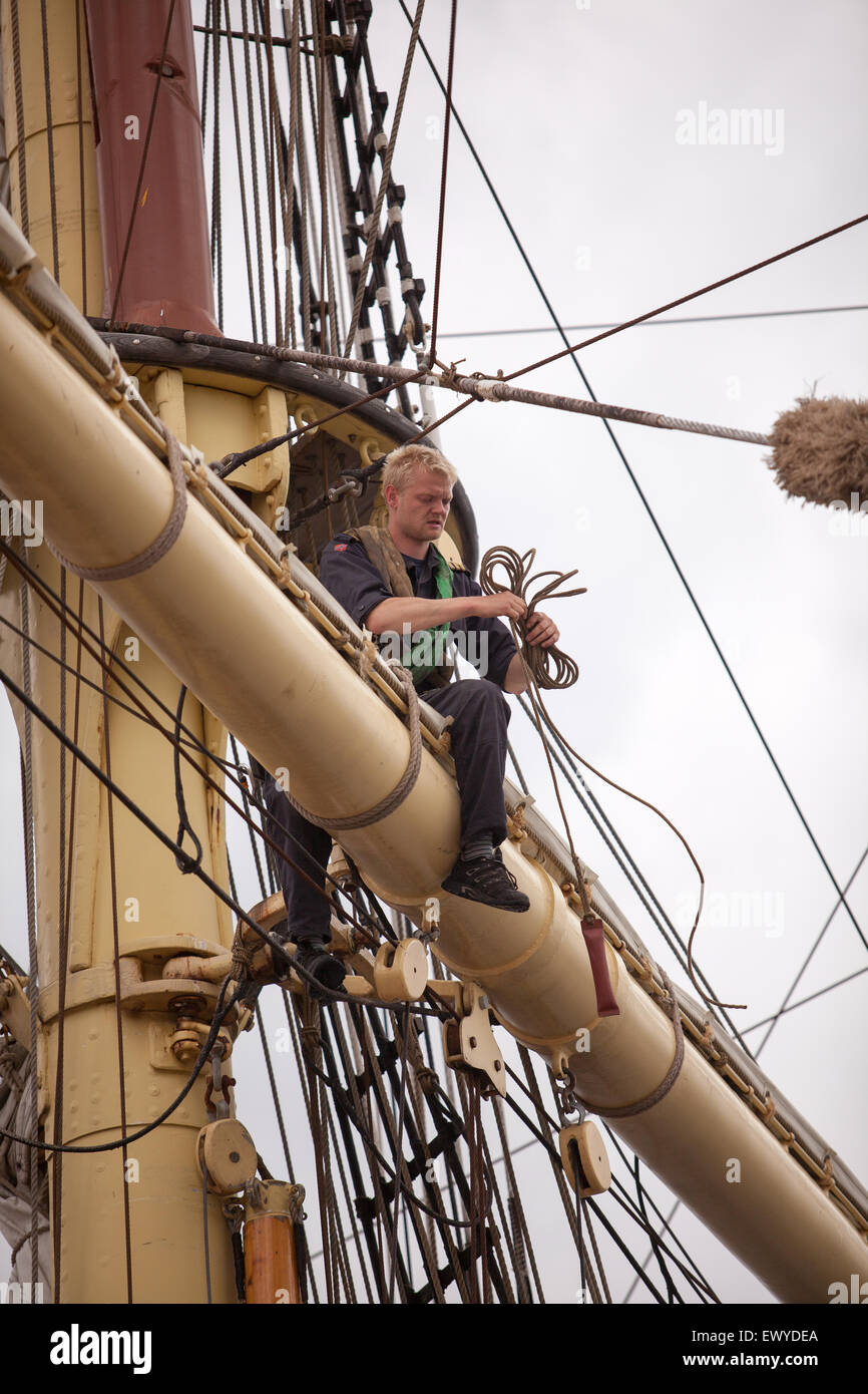 Belfast, UK. 2nd July 2015. One of the crew of the Ecuadorian ship ...