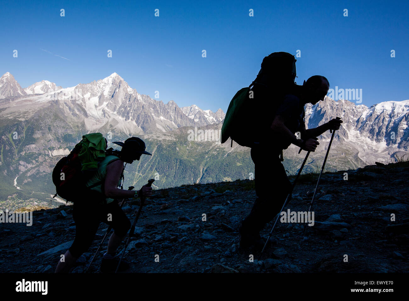 Hiking above Chamonix Mont Blanc valley, France. Mont Blanc mountain in ...