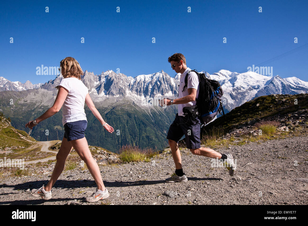 Hiking above Chamonix Mont Blanc valley, France. Mont Blanc mountain in ...