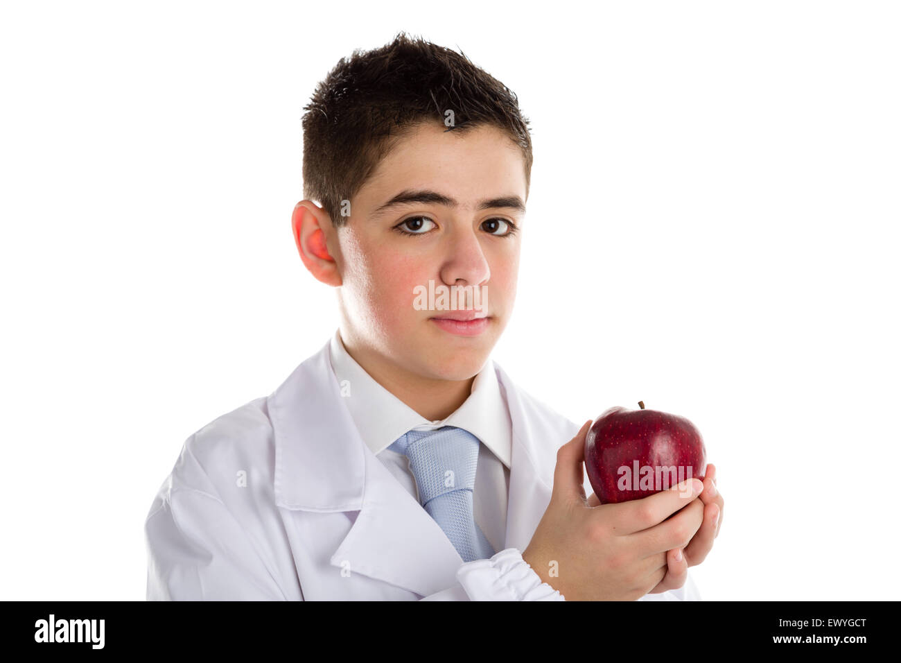 An acne skin child with medical white coat is showing a juicy and tasty ...