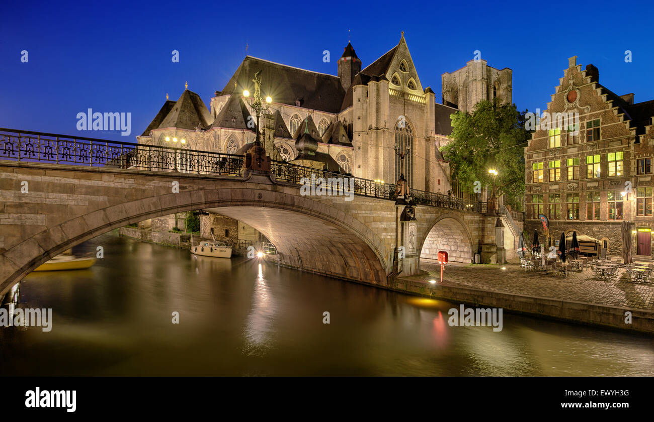 Saint Michael's Bridge & Church Along Leie River, Ghent, Belgium Stock ...