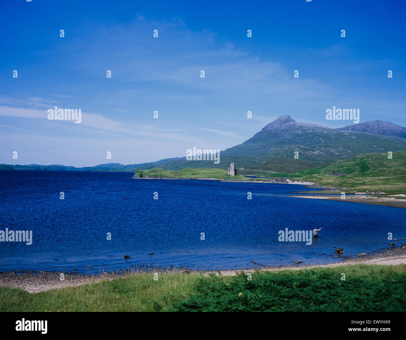 Fly fishing by Ardvreck Castle, Loch Assynt, Assynt, with Quinag in the ...