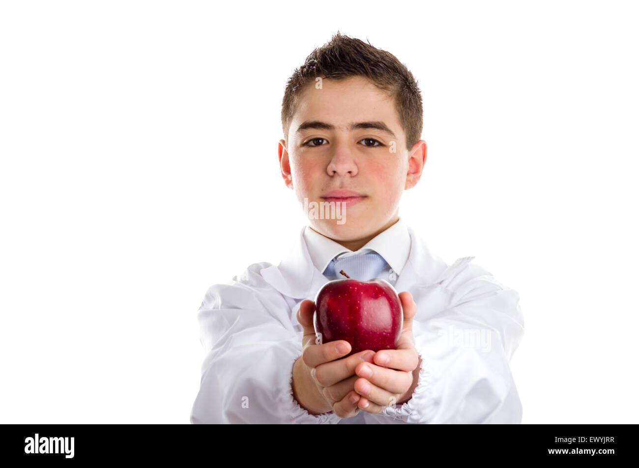 An acne skin child with medical white coat is showing a juicy and tasty ...