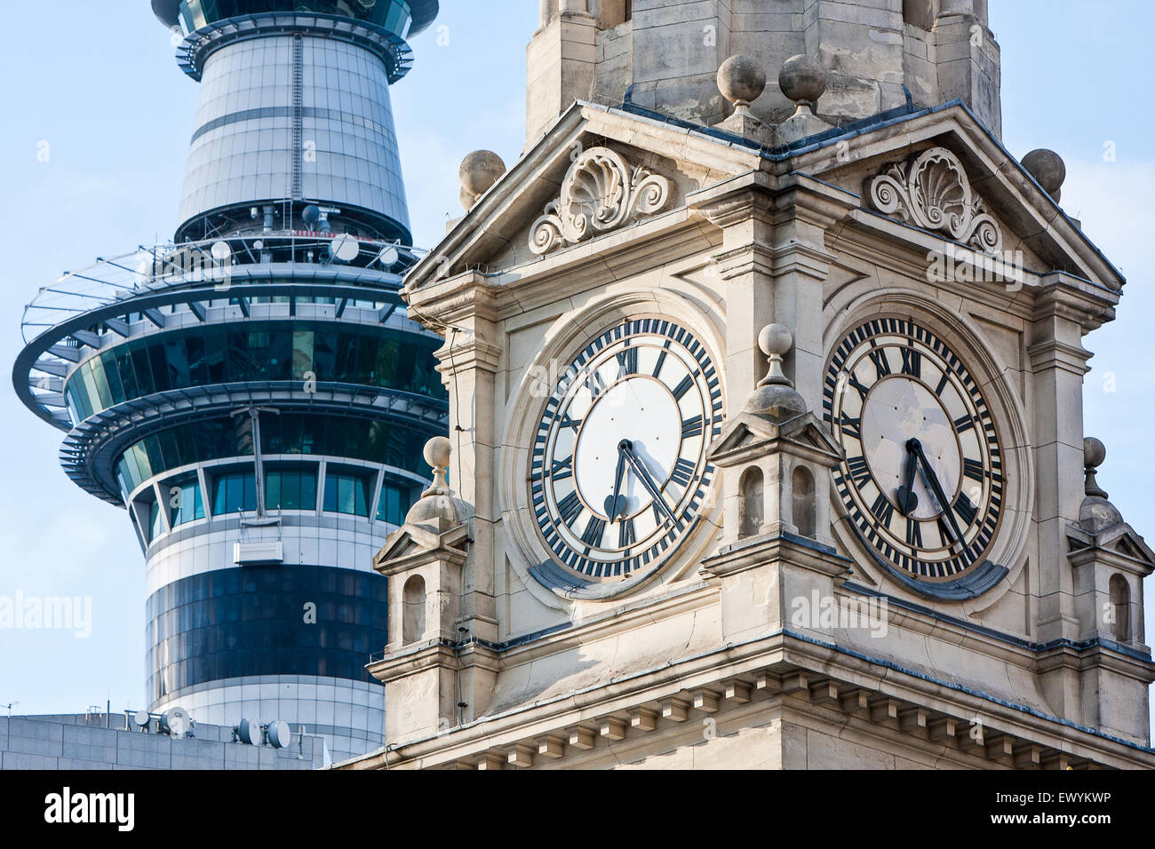 The Town Hall Clock Tower on Queen Street and modern Sky Tower ...