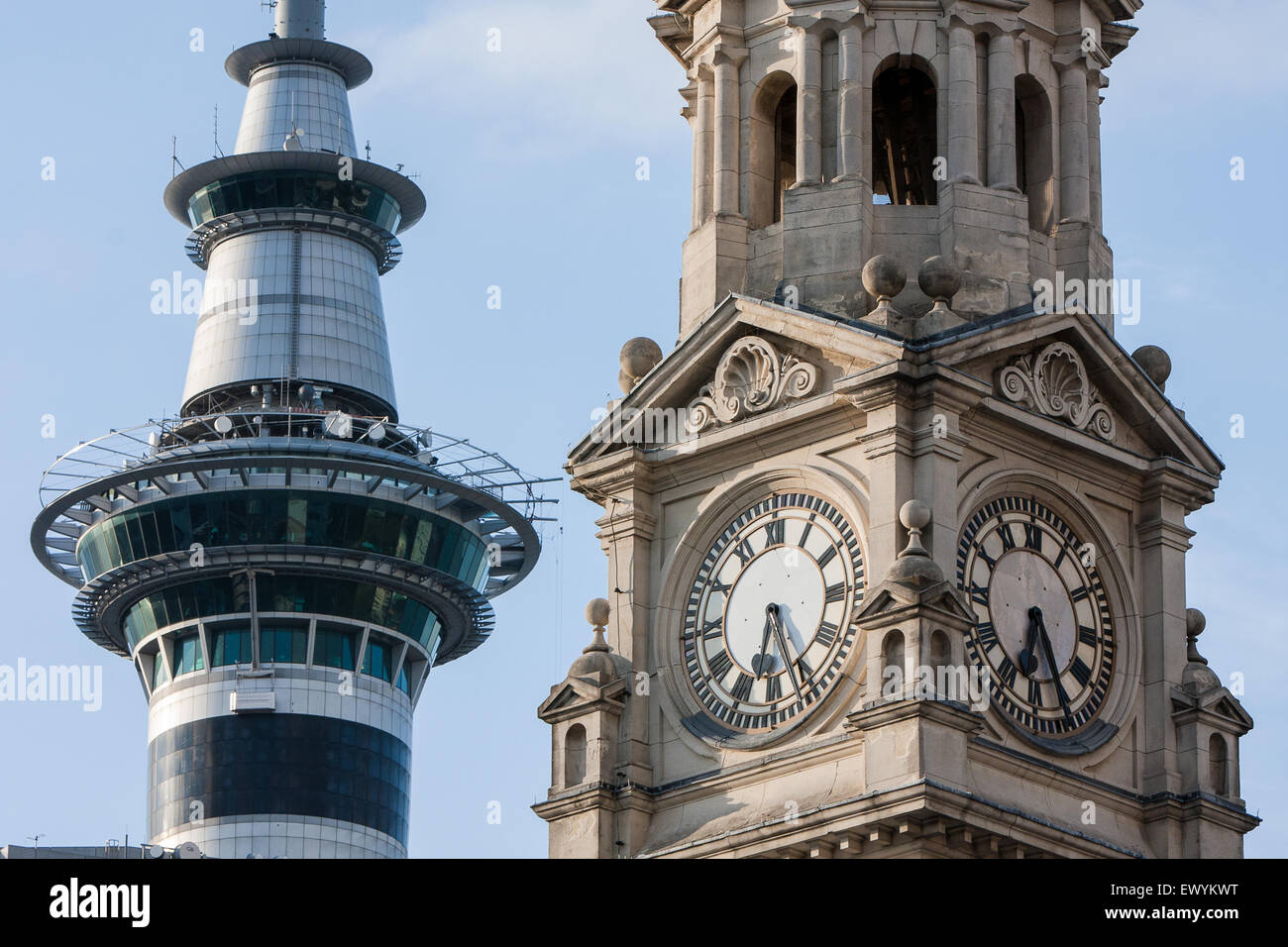 The Town Hall Clock Tower on Queen Street and modern Sky Tower ...