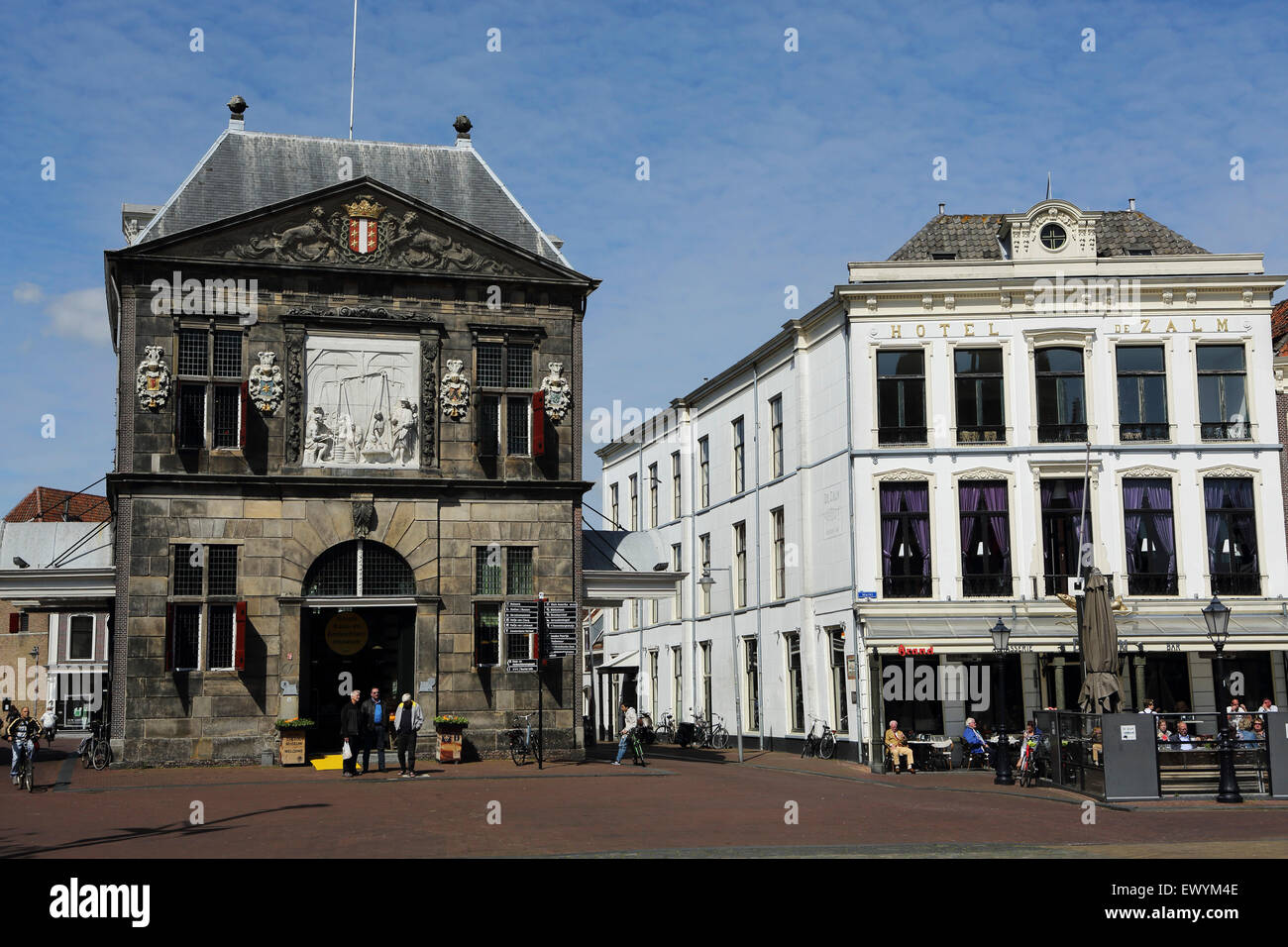 Facade of the Goudse Waag (the Weigh House) and De Zalm cafe in Gouda ...