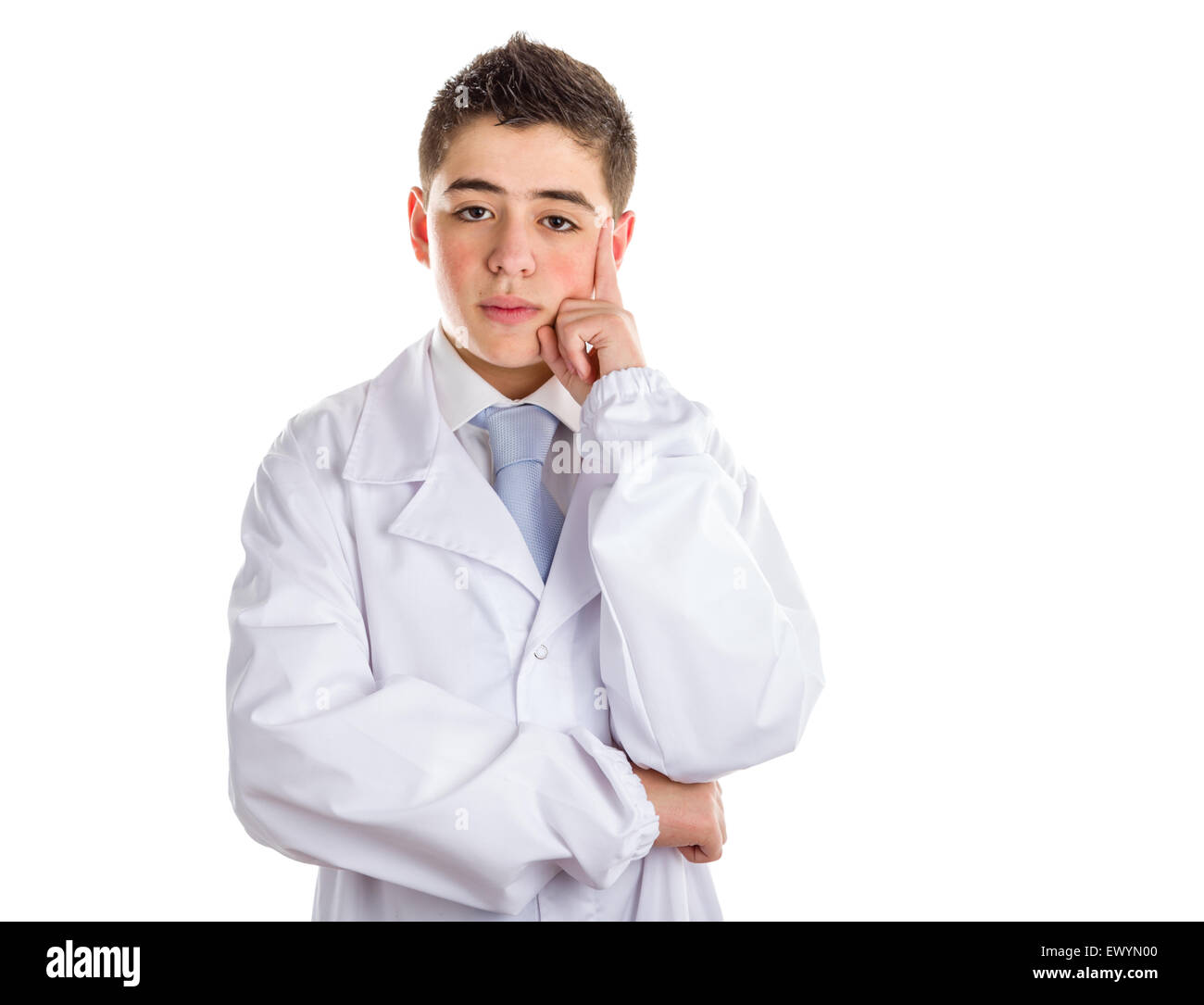 A boy doctor thinking with hand holding face helps to feel medicine ...