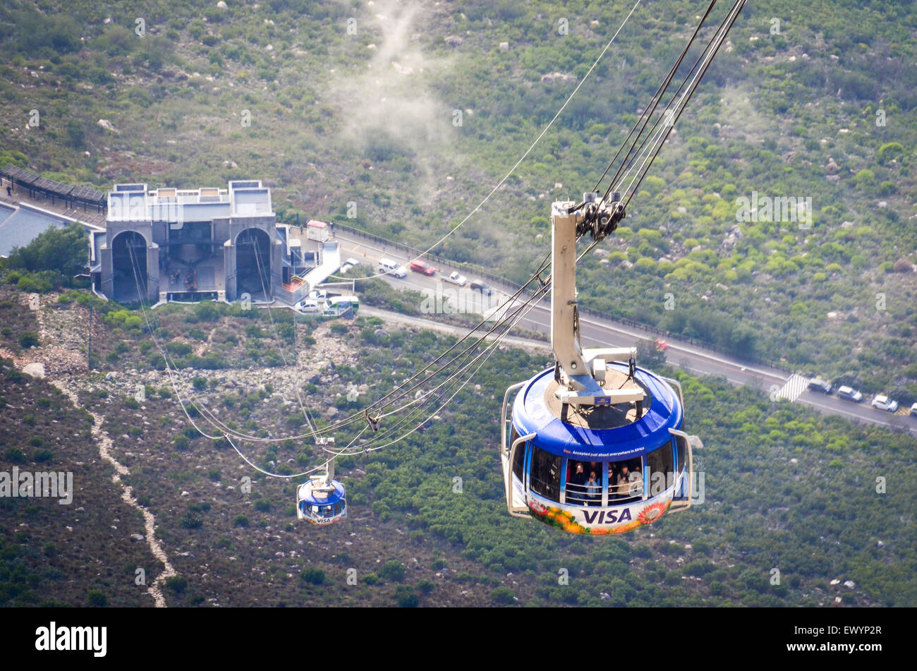 Cable car of the Table Mountain aerial cableway, Cape Town, rising in ...