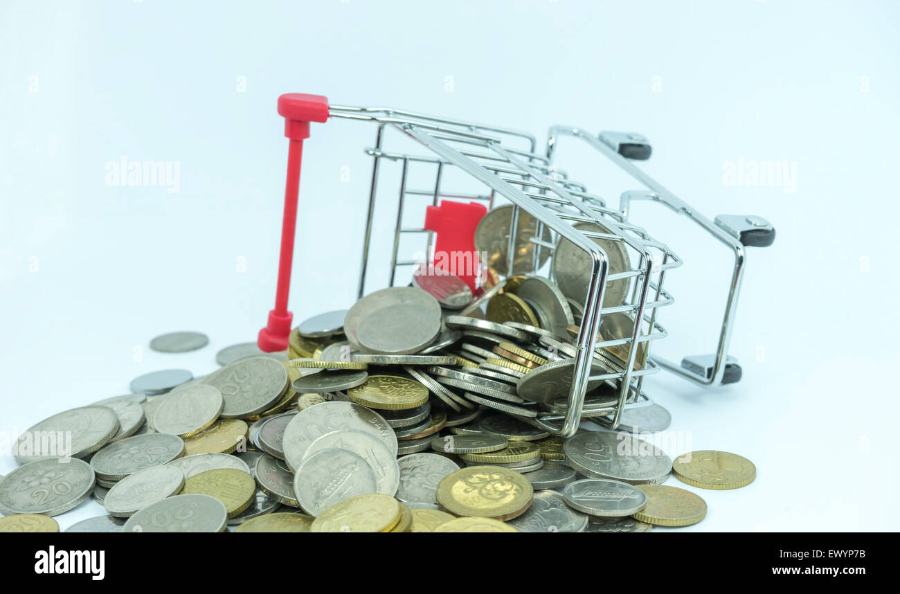 Toy trolley and coins with white background Stock Photo - Alamy