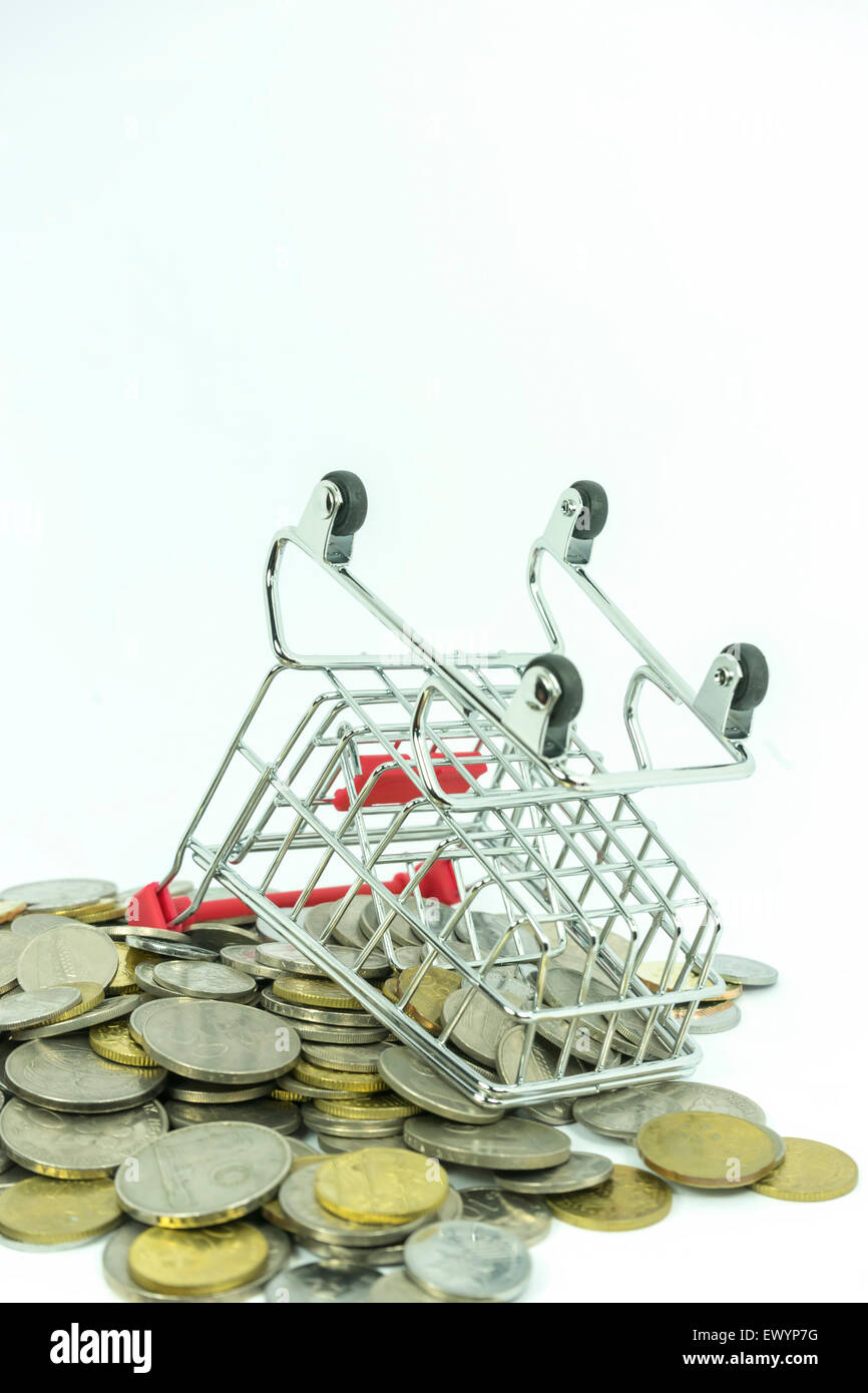 Coins and trolley with white background Stock Photo - Alamy