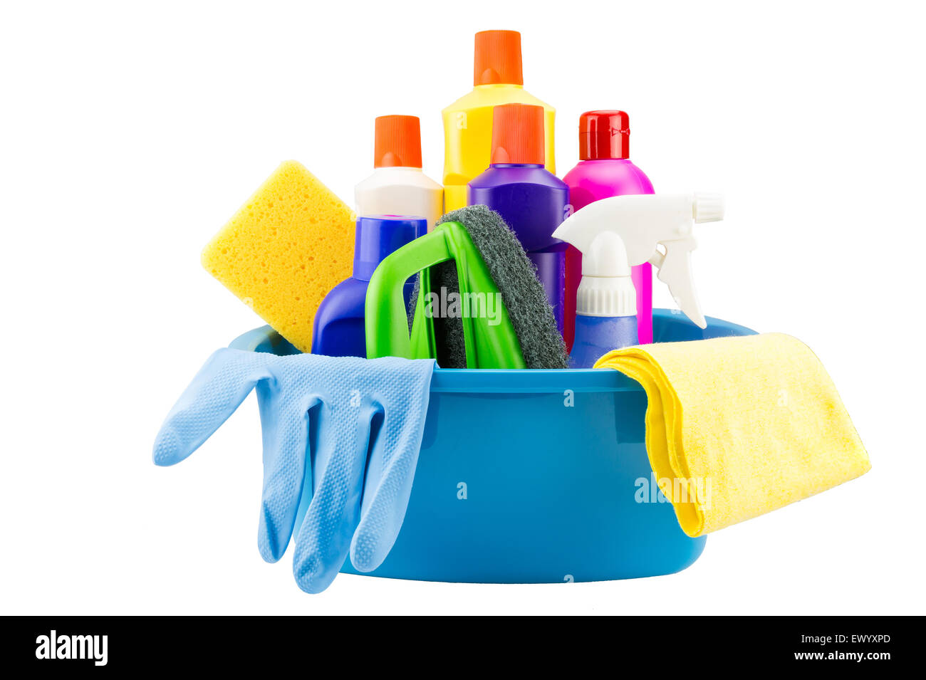 Cleaning tools in blue bucket on white background (Isolated Stock Photo ...