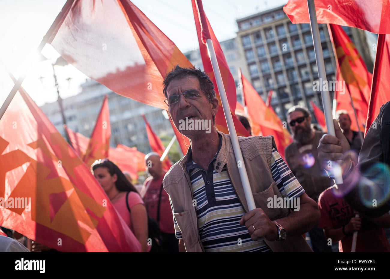 A member of the Greek Communist Party KKE during a demonstration ...