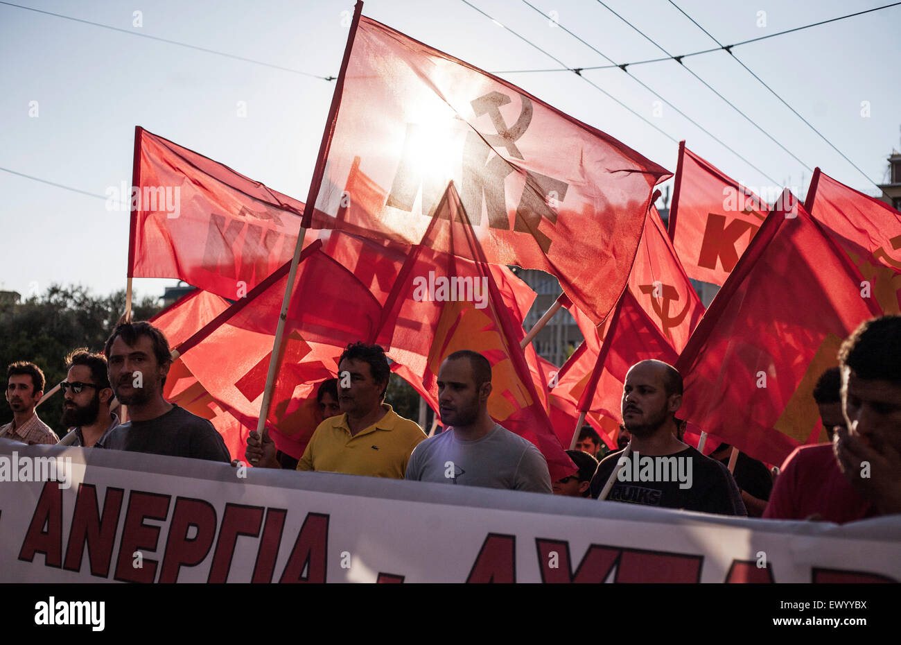 Supporters of the Greek Communist Party KKE during a demonstration ...