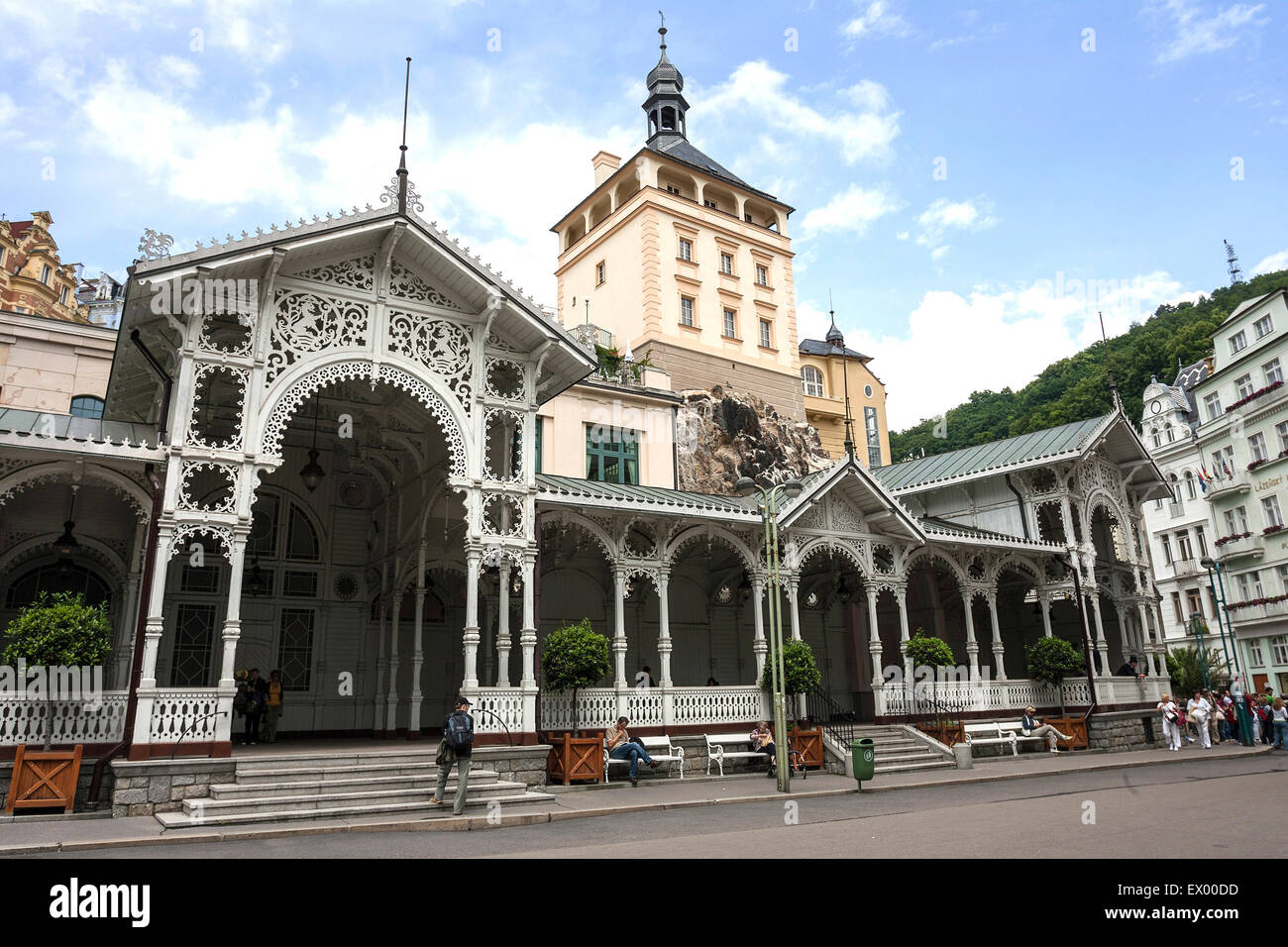 Market Colonnade in front of castle tower, Karlovy Vary, Bohemia, Czech ...