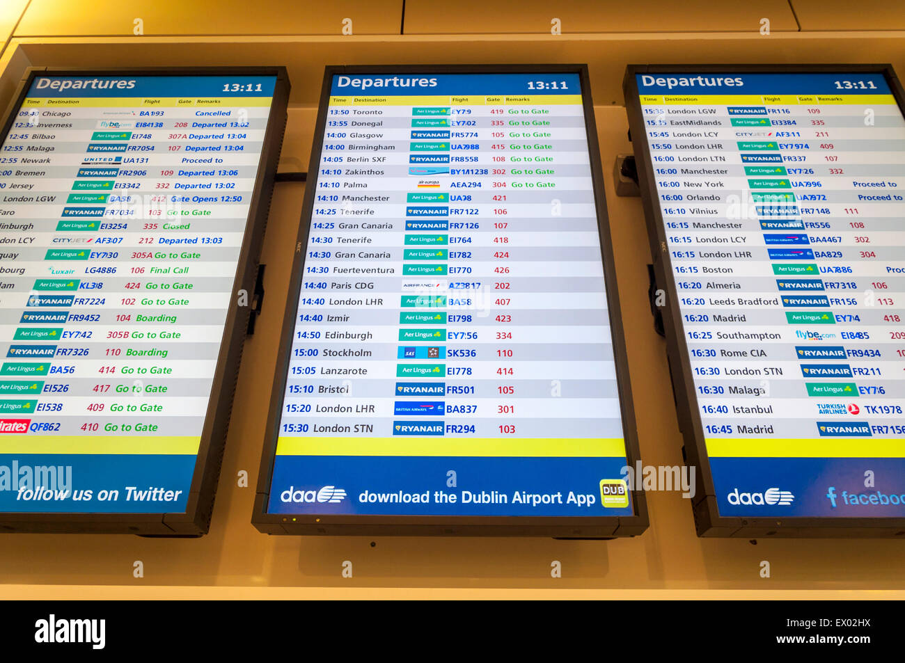 Departure display boards at Dublin airport terminal one, Ireland Stock ...