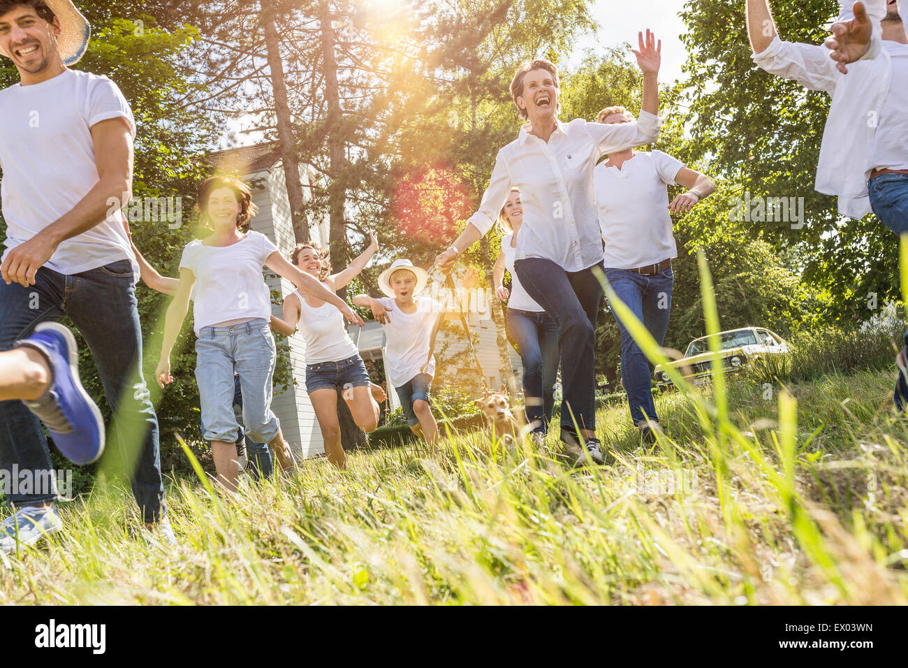 Group of people running through forest Stock Photo - Alamy