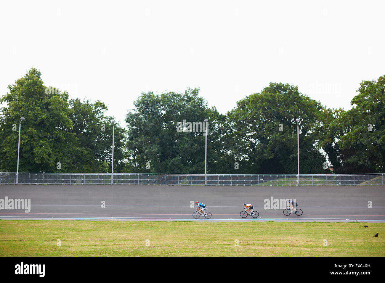 Three cyclists cycling on track at velodrome, outdoors Stock Photo - Alamy