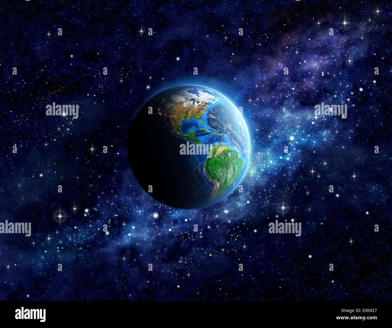 Imaginary view of planet Earth into deep space, focused on America ...