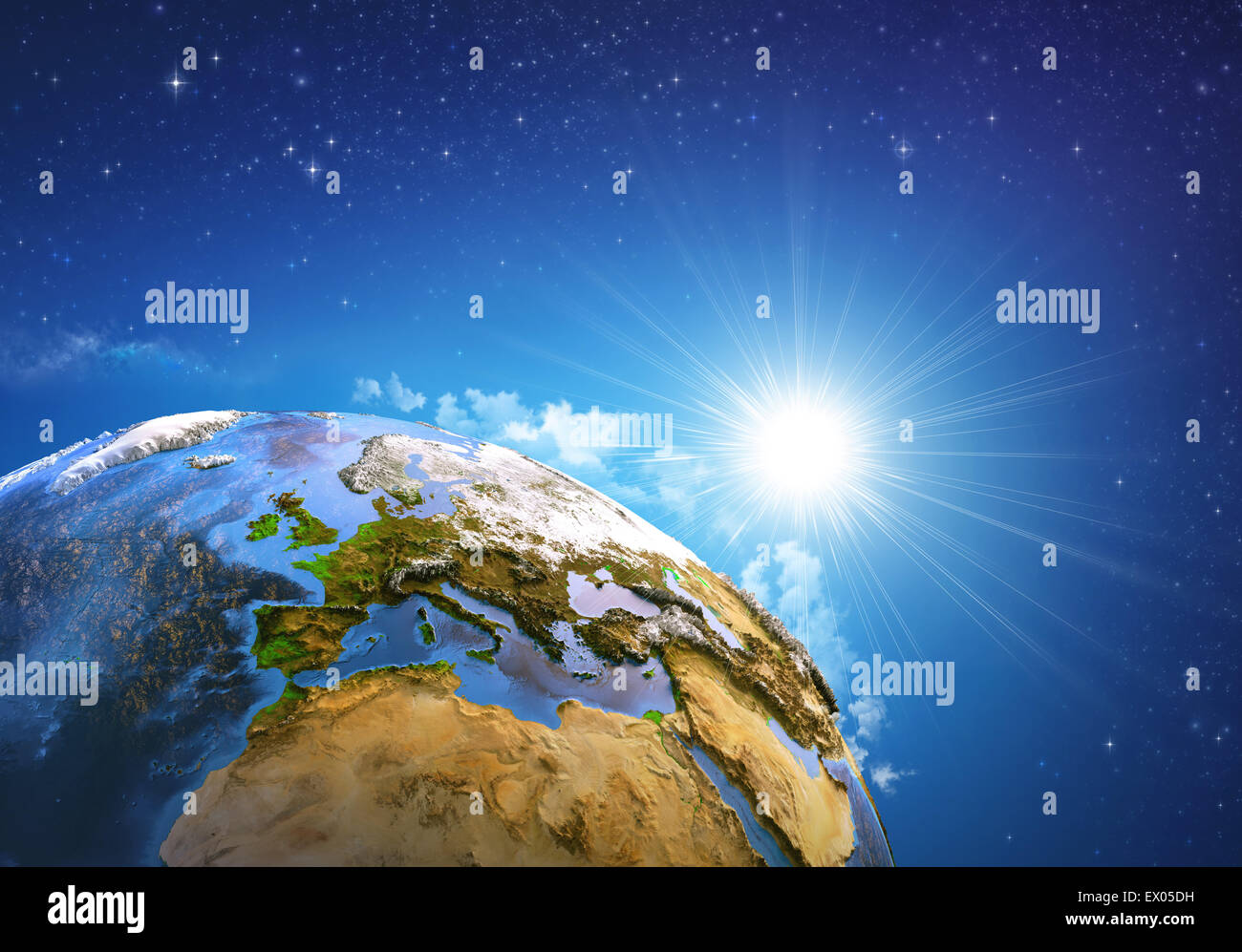 Rising sun over the Earth and its landforms, view of Europe, Asia and ...