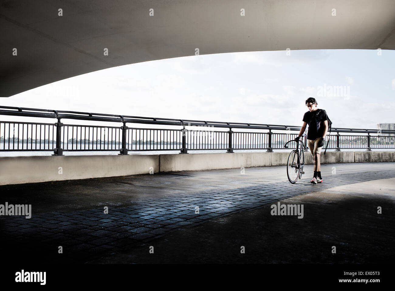 Bike messenger walking, pushing bike Stock Photo - Alamy