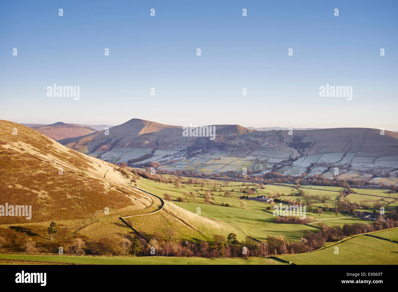 Valley and fields on frosty morning, Hope Valley, Peak District, UK ...