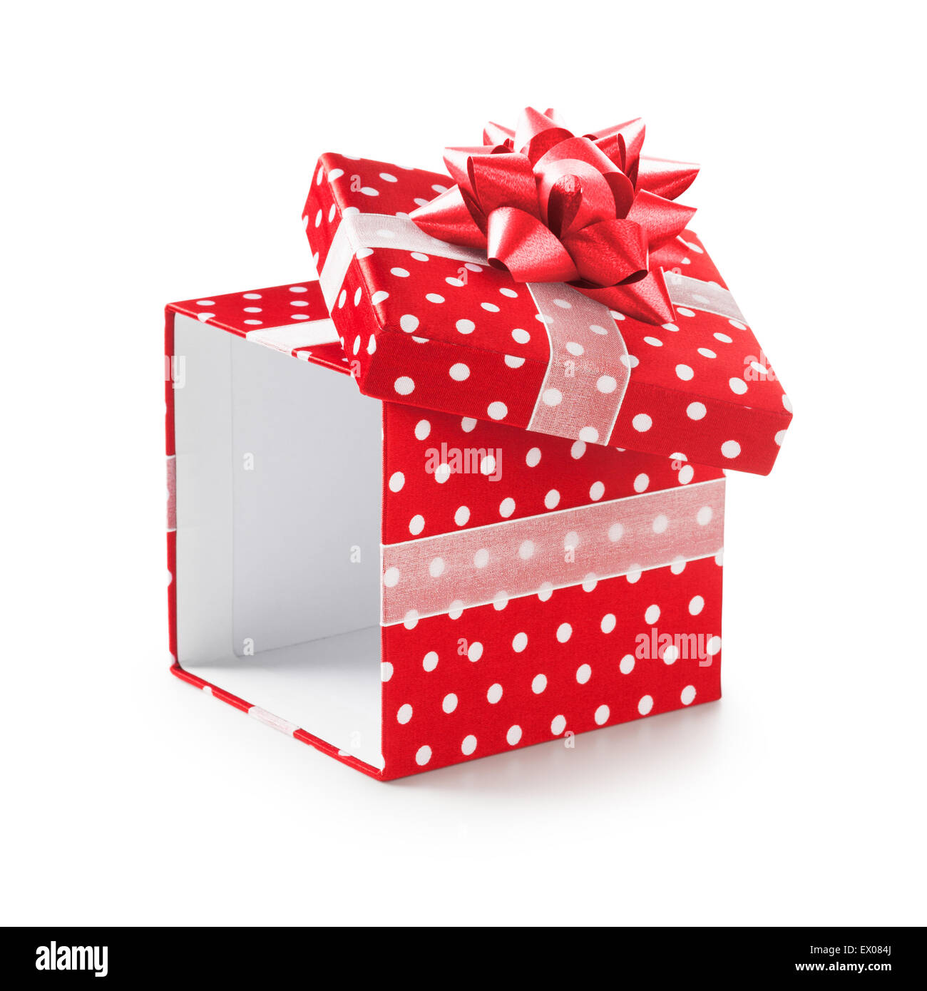 Open red gift box with white dots and ribbon bow. Holiday present ...