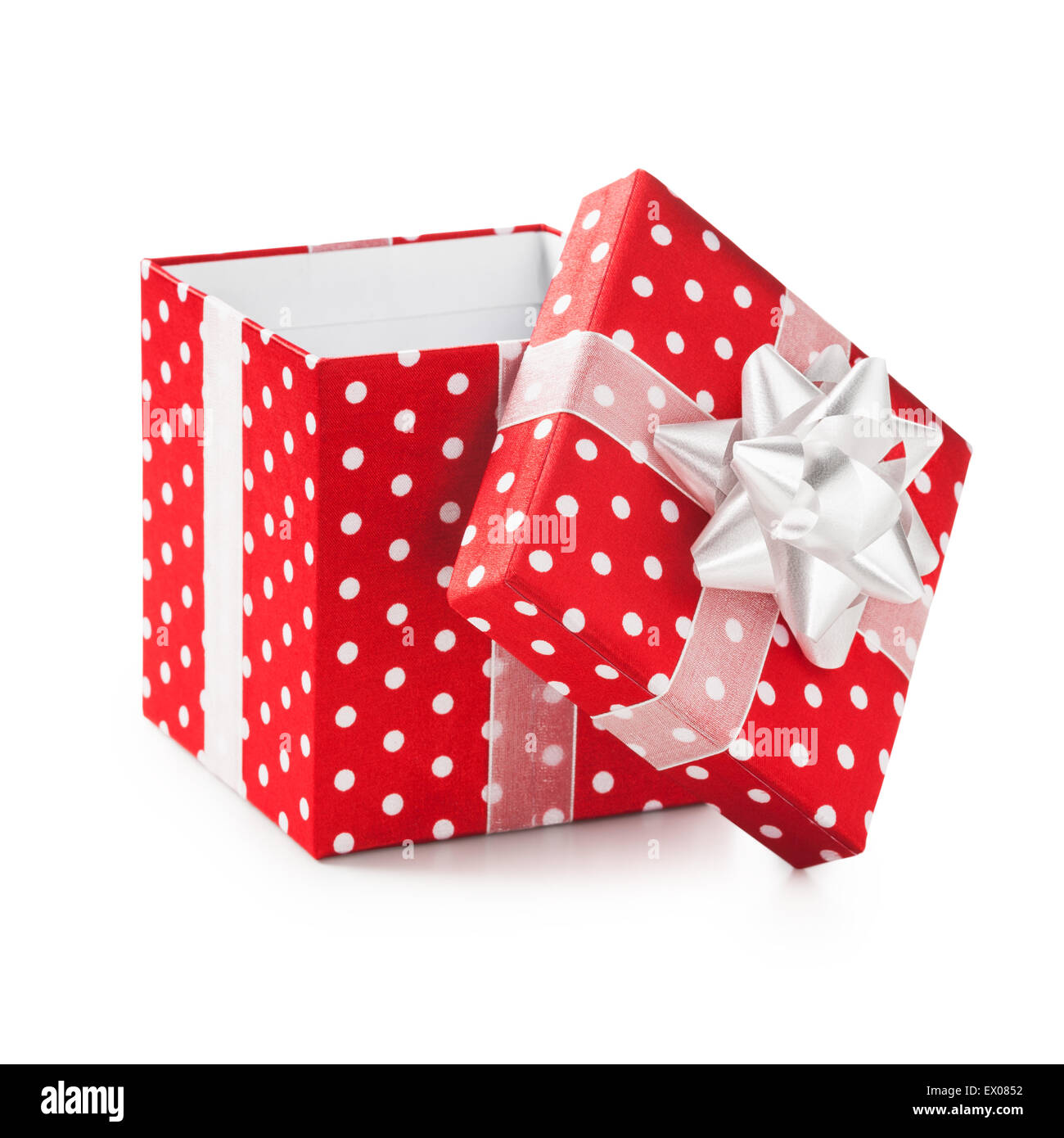 Open red gift box with white dots and ribbon bow. Holiday present ...