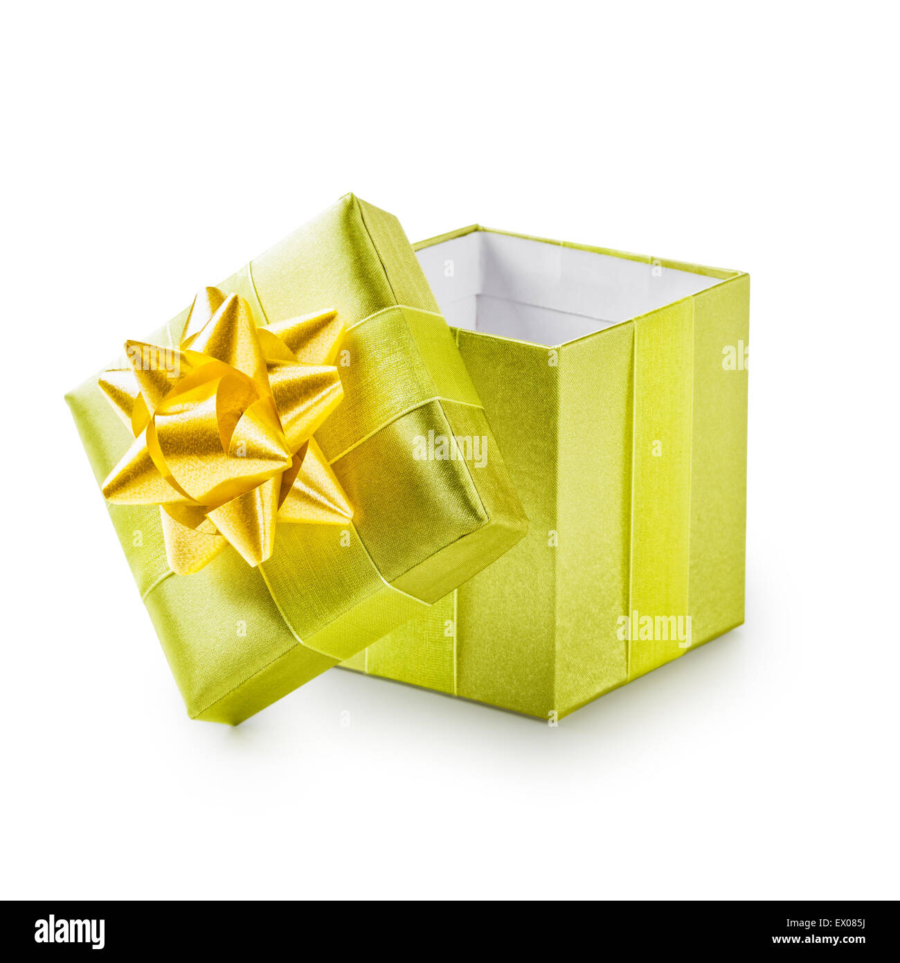 Open green gift box with yellow ribbon bow. Holiday present. Object ...