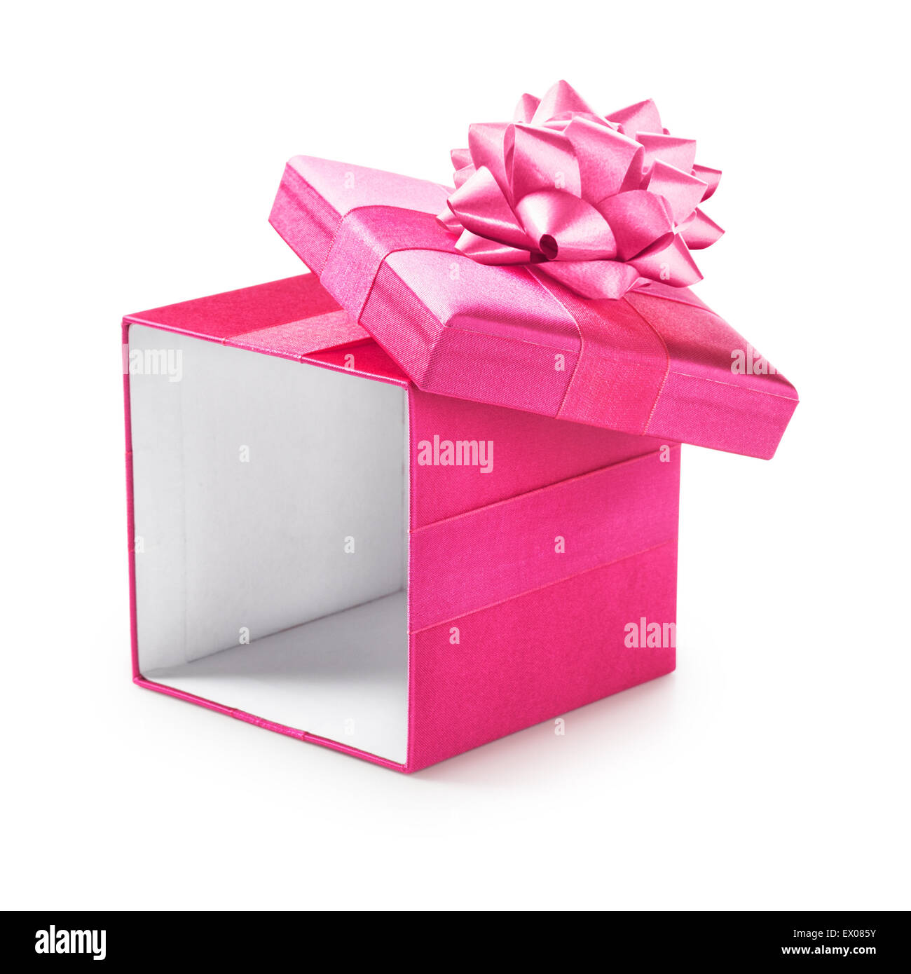 Open pink gift box with ribbon bow. Holiday present. Object isolated on ...