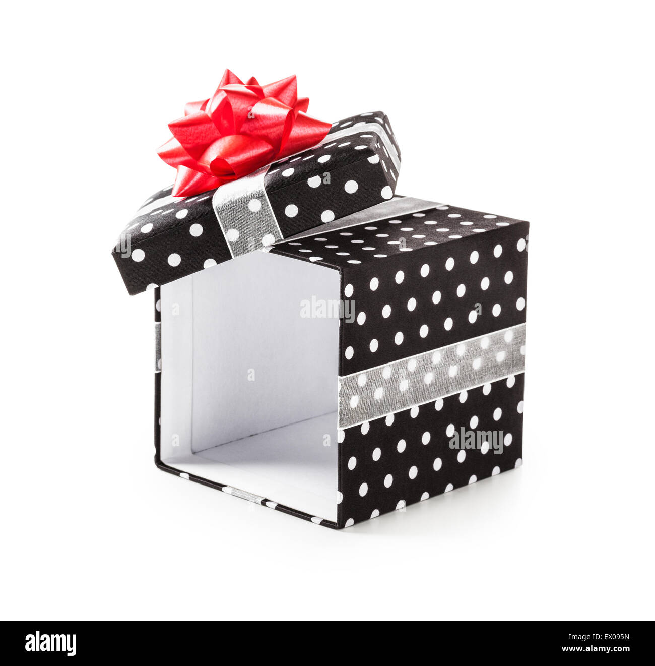 Open black gift box with white dots and red ribbon bow. Holiday present ...