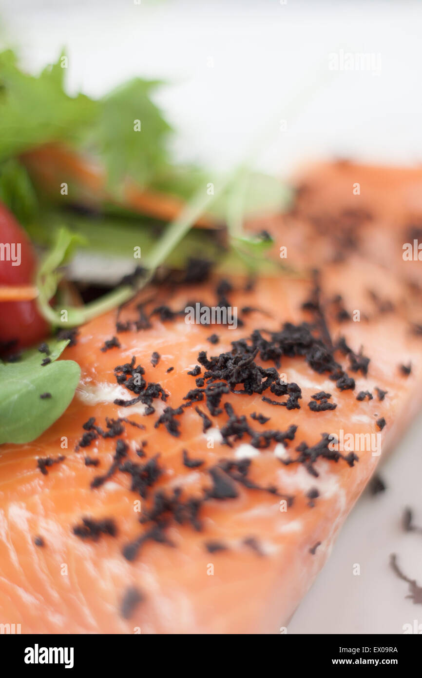 Smoked salmon platter with sprinkled black perigold truffle on top ...