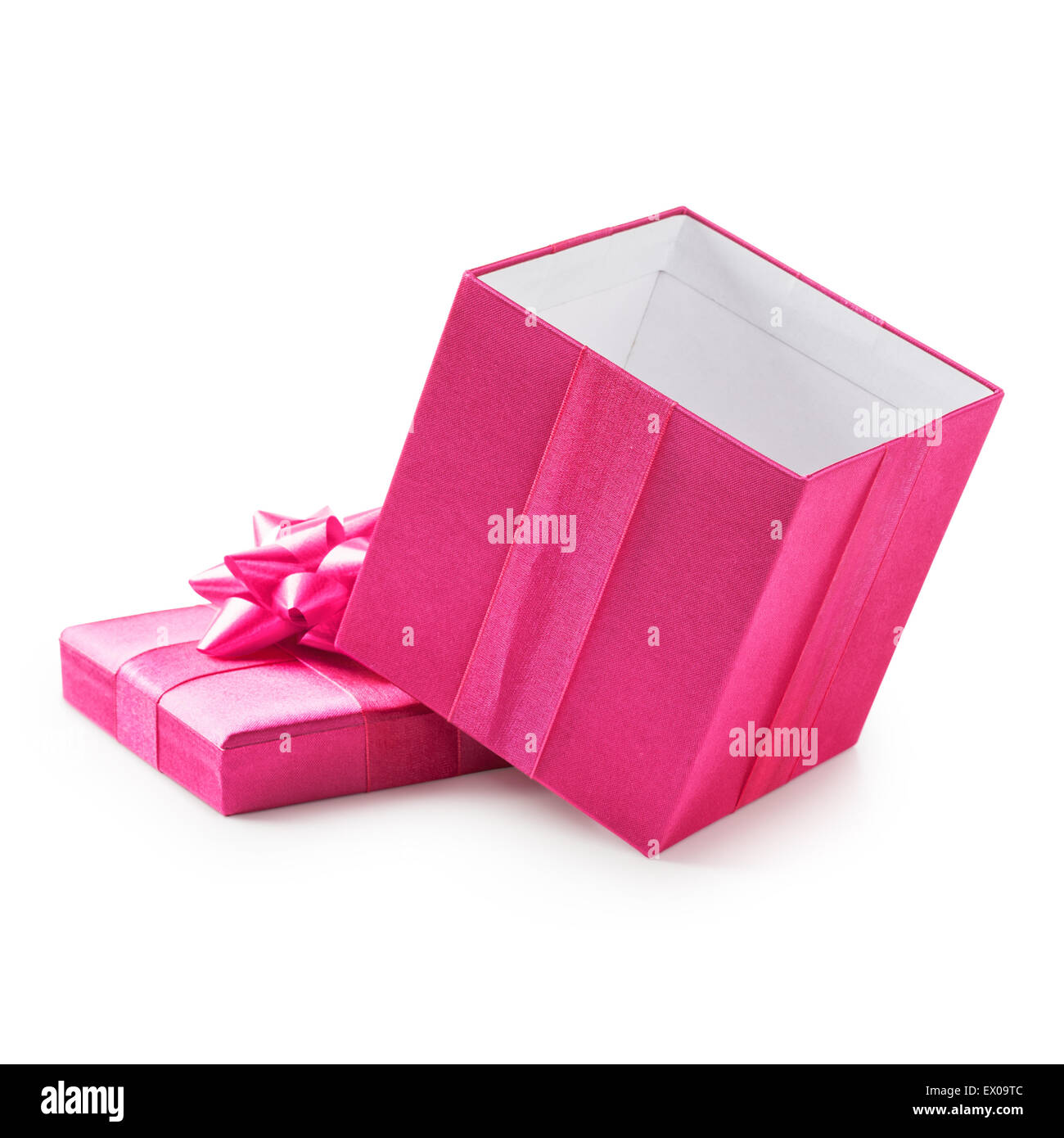 Open pink gift box with ribbon bow. Holiday present. Object isolated on ...