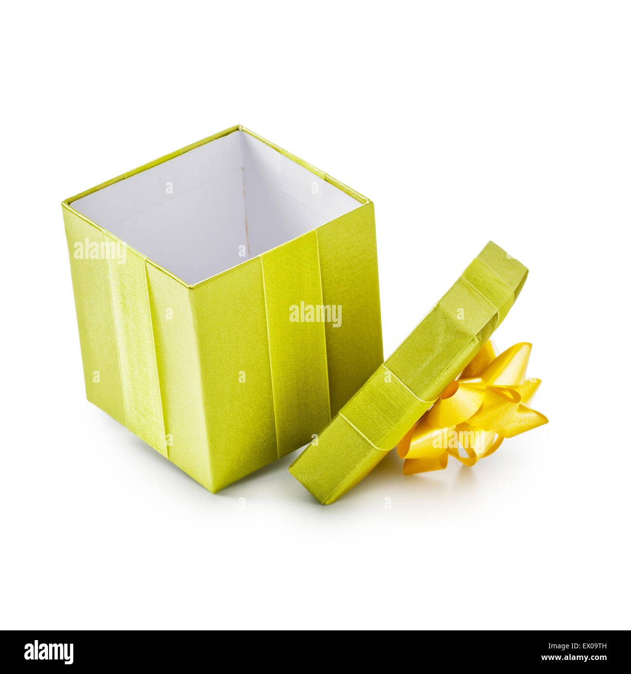 Open green gift box with yellow ribbon bow. Holiday present. Object ...