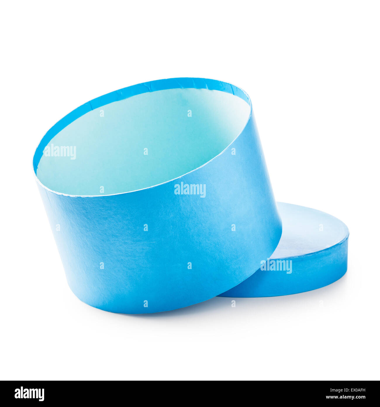 Open blue round gift box. Holiday present. Object isolated on white ...