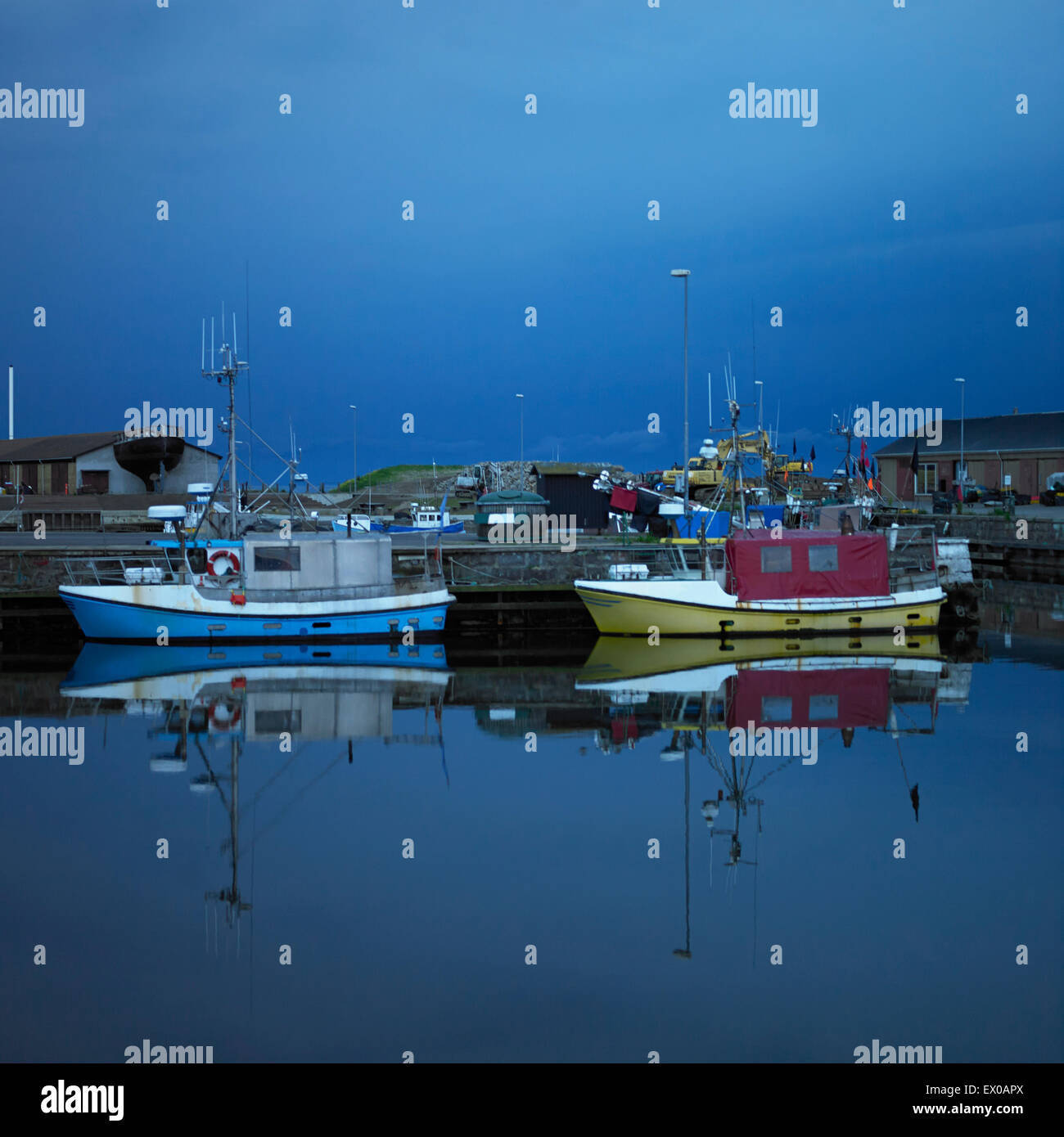 Fishing boats in harbour at night, Hasle Havn, Bornholm, Denmark Stock ...