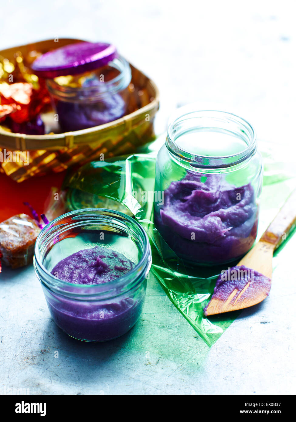 Still life with jars of Filipino ube halaya (pasalubong Stock Photo - Alamy