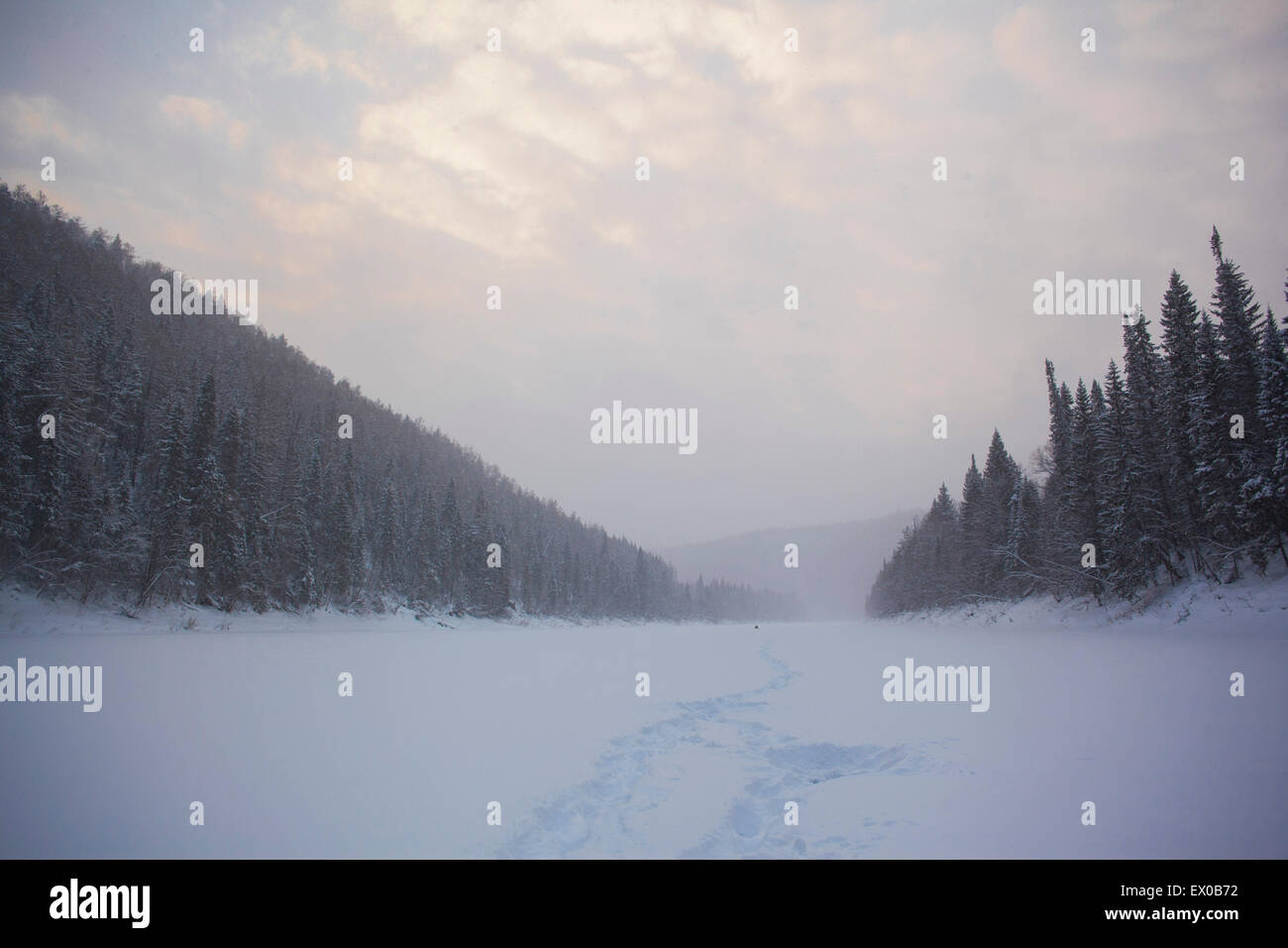 View of snow covered valley, Sarsy Village, Sverdlovsk Oblast, Russia ...