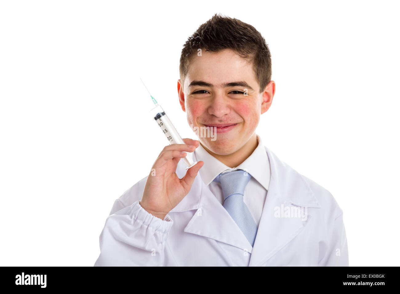 A child doctor with acne skin in white coat holding a syringe helps to ...