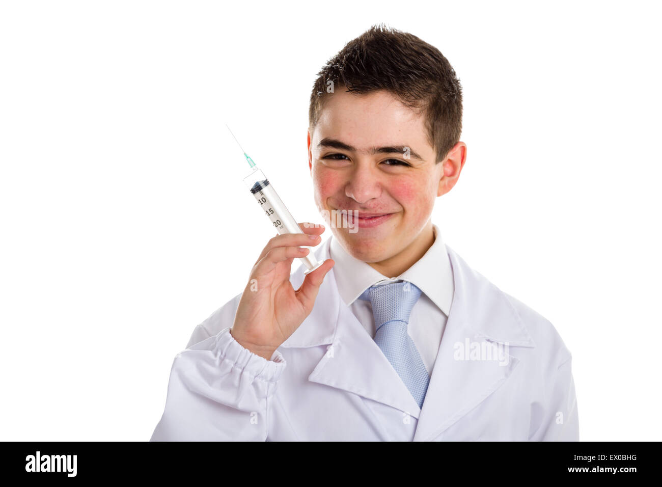 A child doctor with acne skin in white coat holding a syringe helps to ...