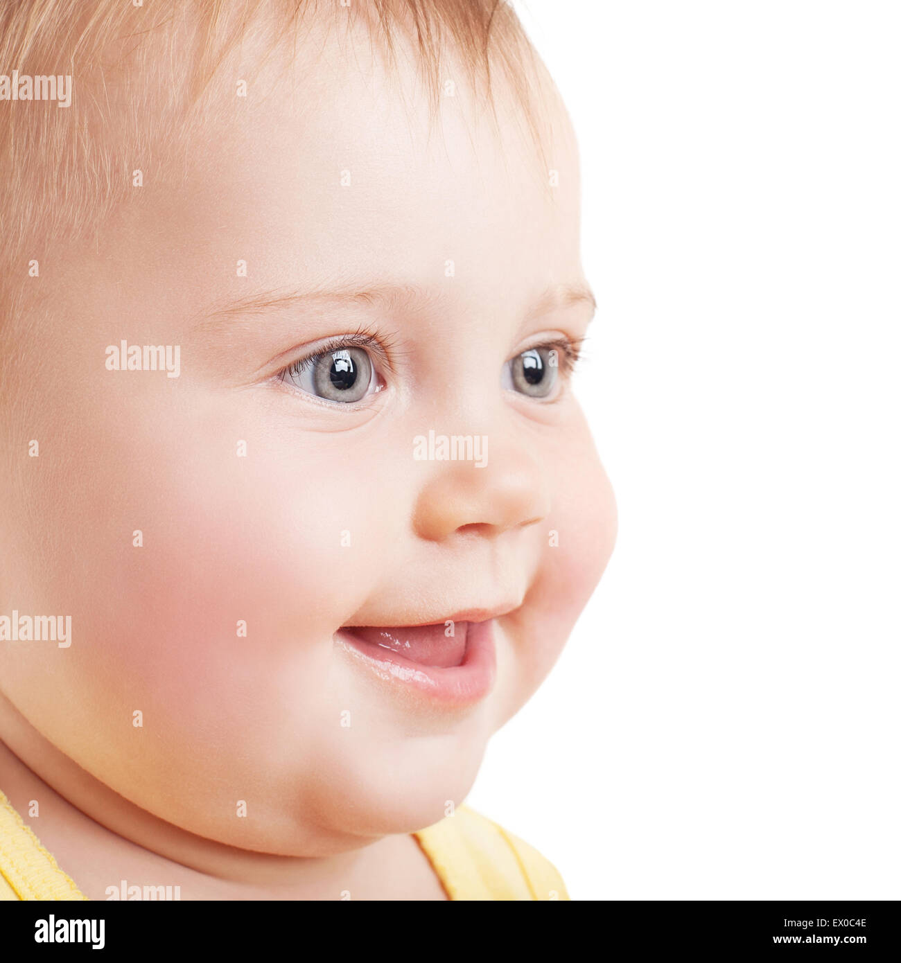 Closeup portrait of cute little baby face isolated on white background ...